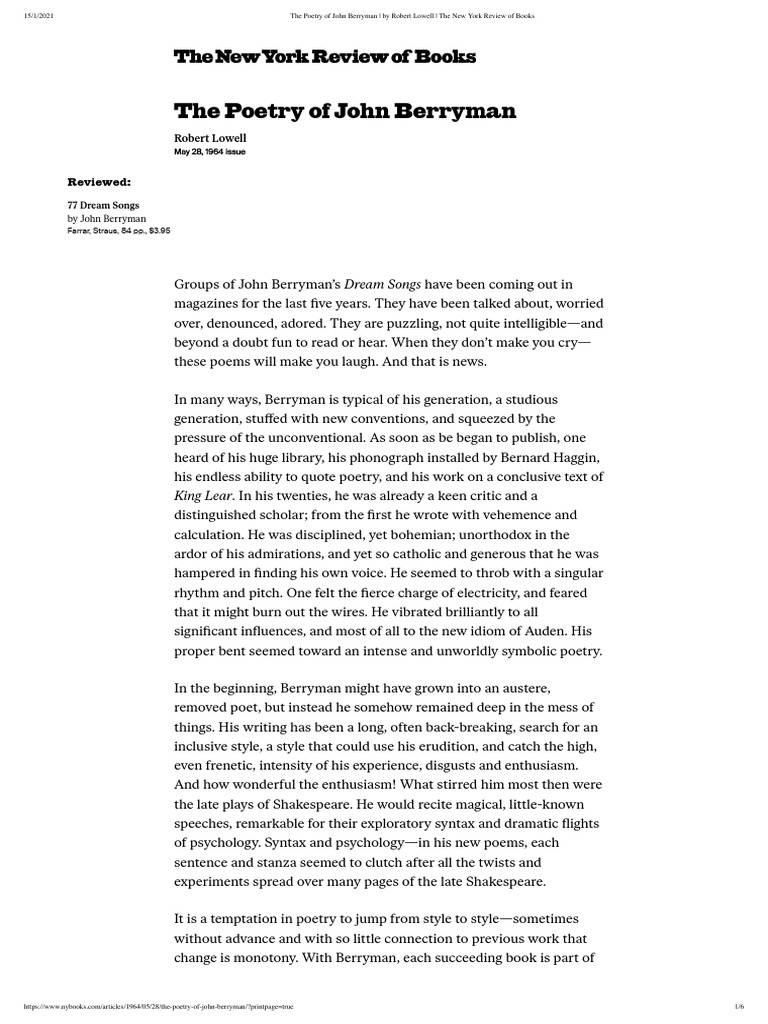 The Poetry of John Berryman - by Robert Lowell - The New York Review of ...