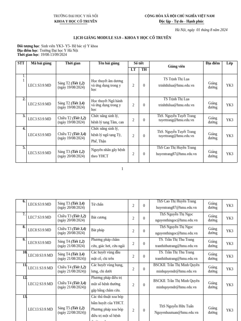 Lich Giang YK3 Y5 ĐK Module S3.9. YHCT. 2024 | PDF
