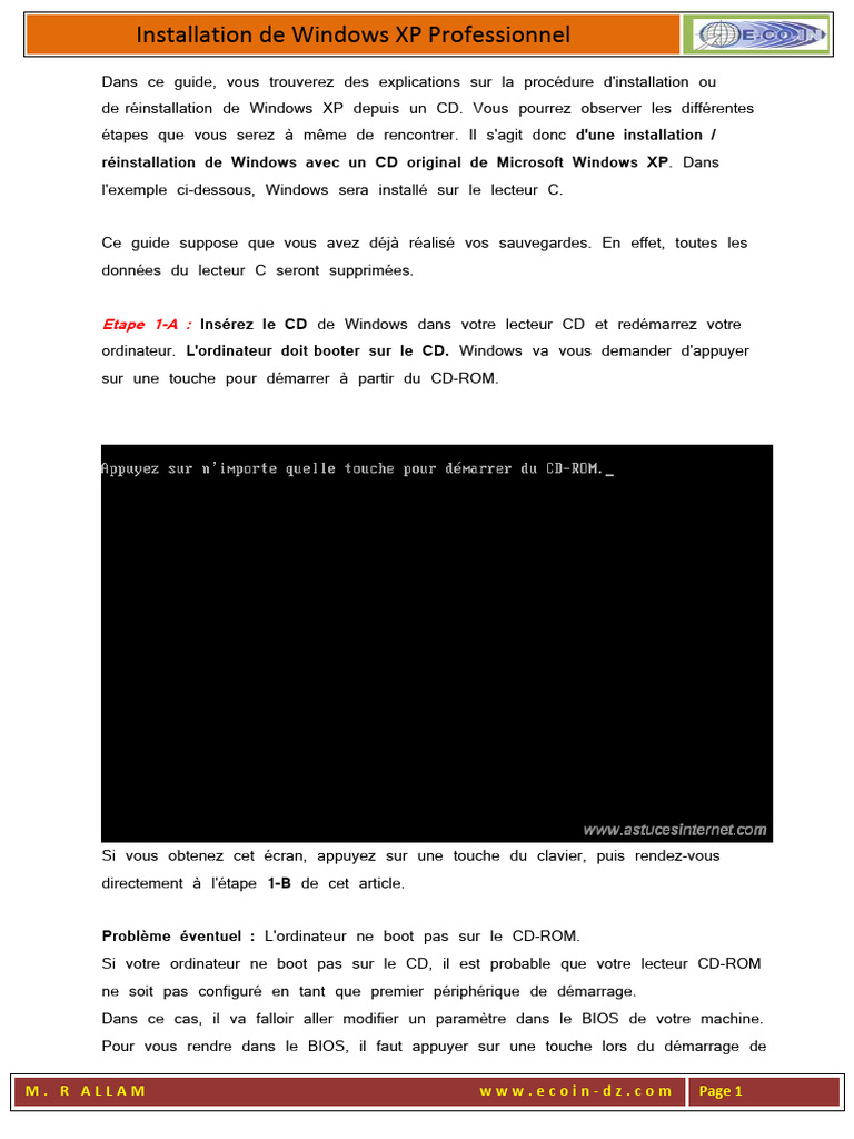 Installation de Windows XP Professionnel | PDF