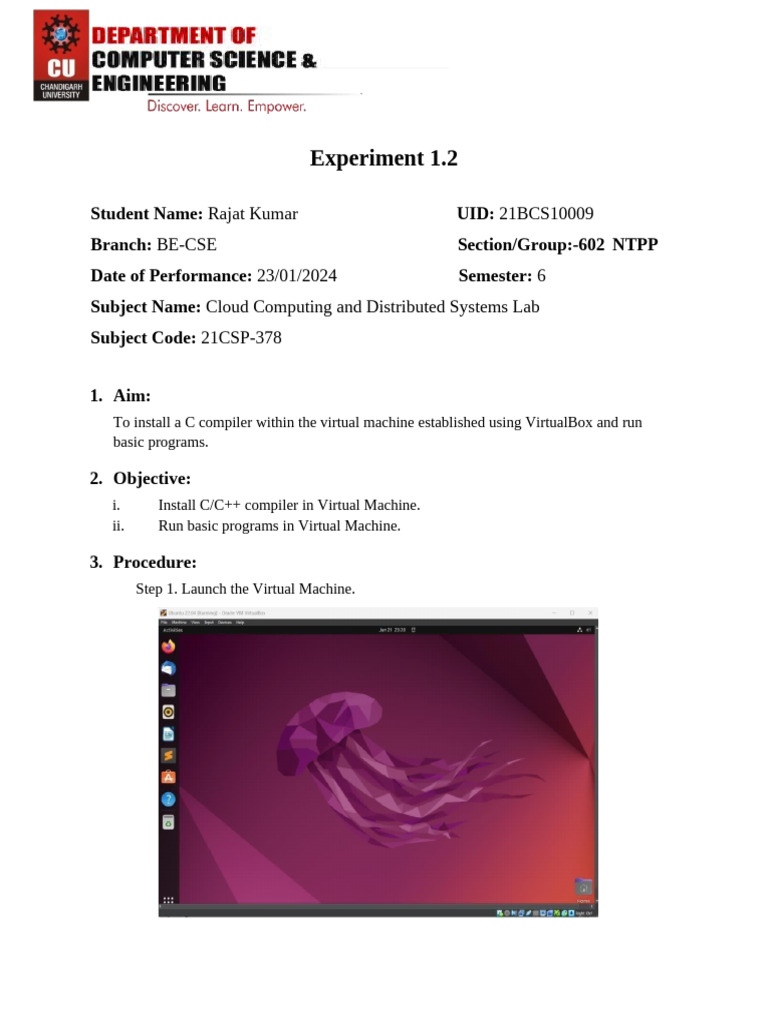 Experiment 1.2: Rajat Kumar 21BCS10009 Be-Cse 23/01/2024 6 Cloud Computing and Distributed ...