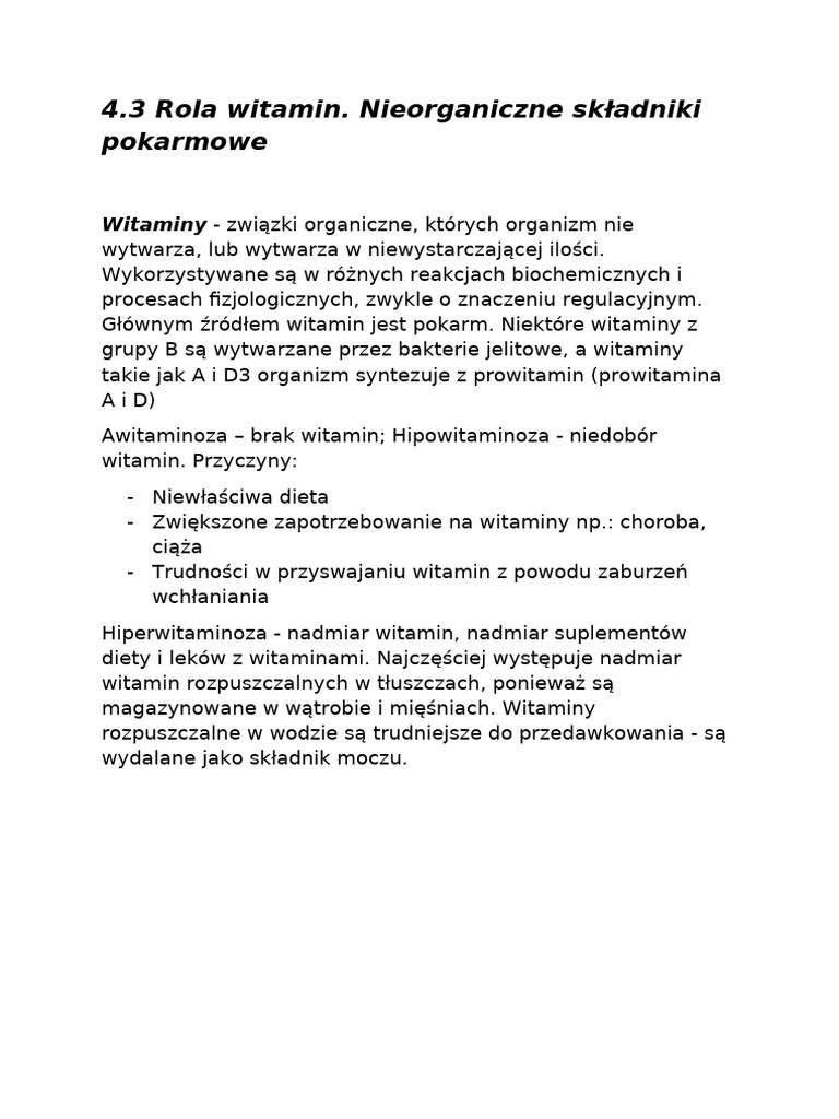 4.3 Rola Witamin. Nieorganiczne Składniki Pokarmowe: Witaminy | PDF