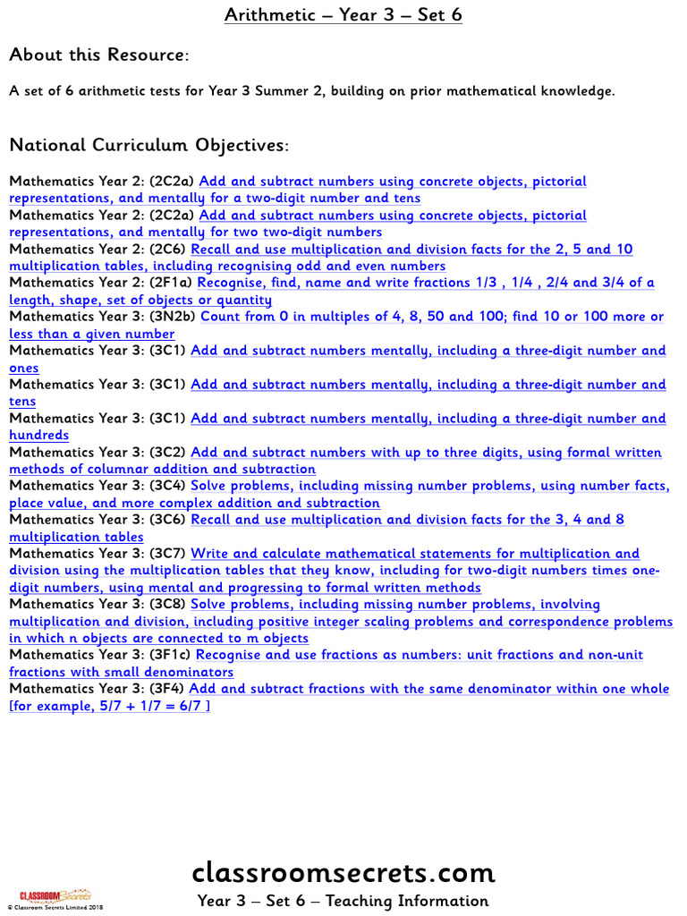 Year 3 Arithmetic Test Set 6 | PDF