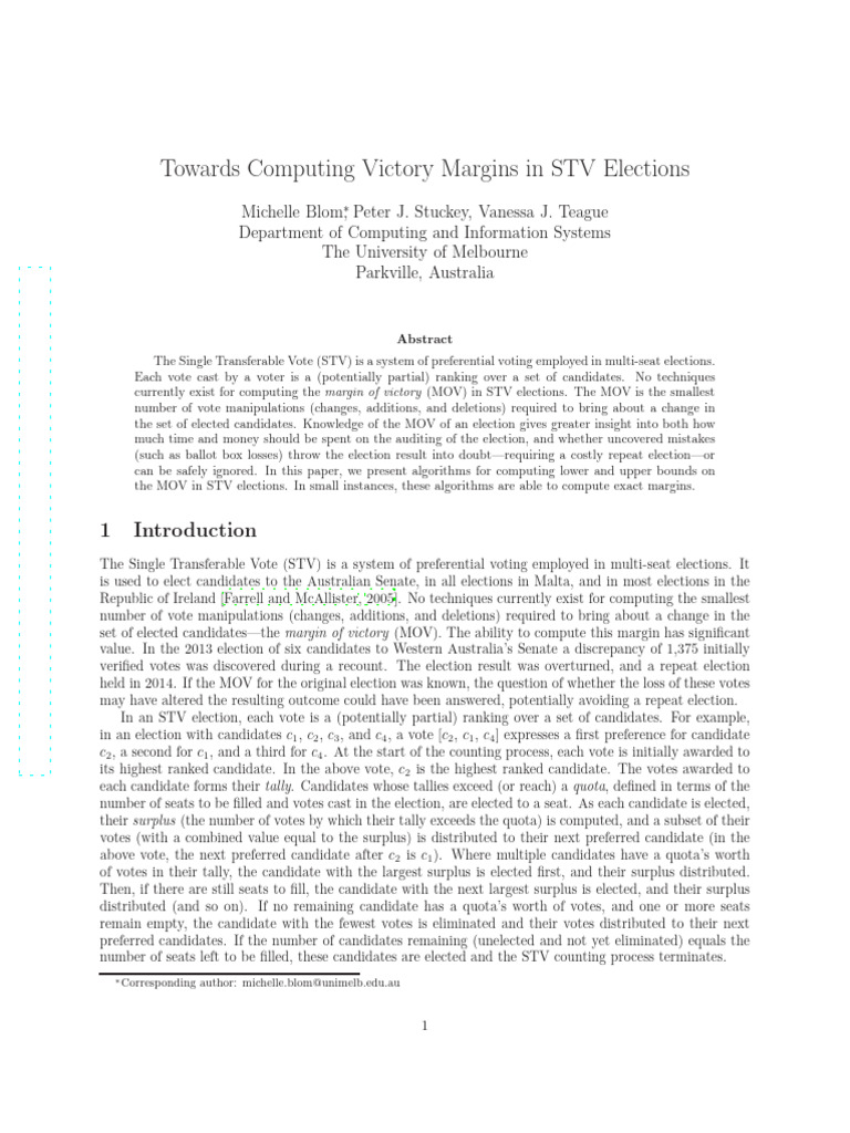 Towards Computing Victory Margins in STV Elections | PDF