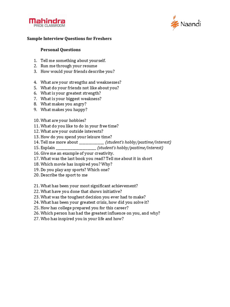 Interview Questions For Freshers (Revised) | PDF