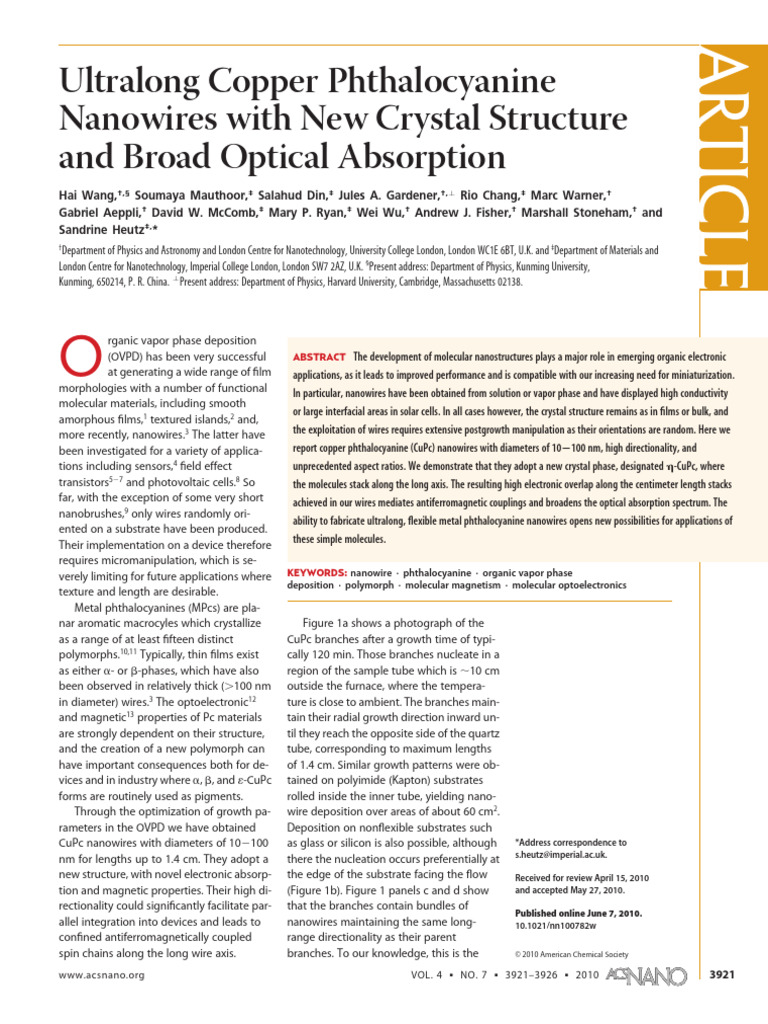 1-Ultralong Copper Phthalocyanine Nanowires With New Crystal Structure ...