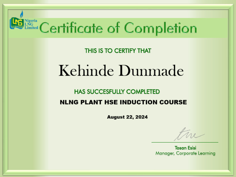 Kehinde Dunmade NLNG HSE Induction Certificate | PDF