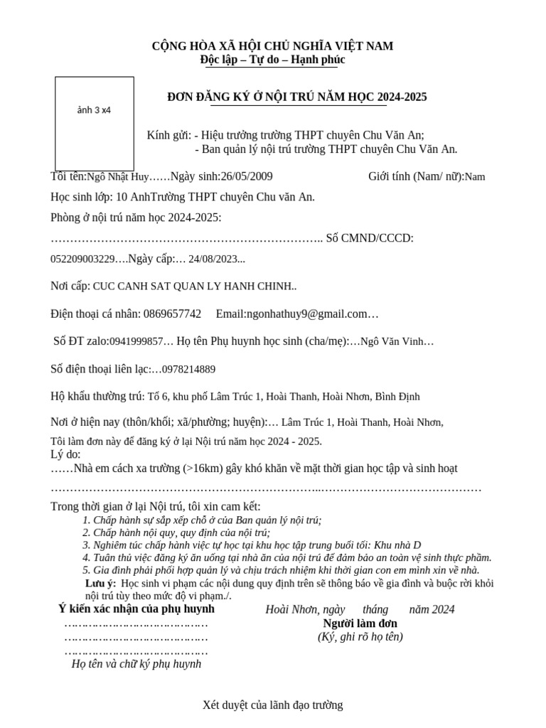 Don xin ơ KTX năm học 2024-2025 | PDF