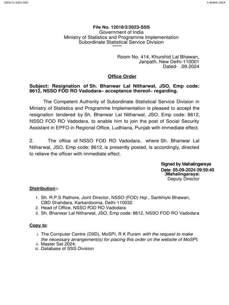 Resignation of Sh. Bhanwar Lal Nitharwal, JSO, Emp Code 8612, NSSO FOD ...