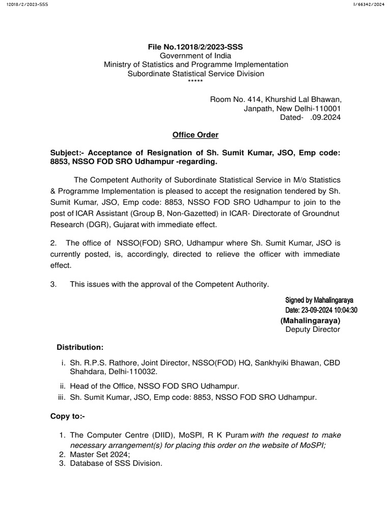 SumitKumar JSO Resignation Order | PDF