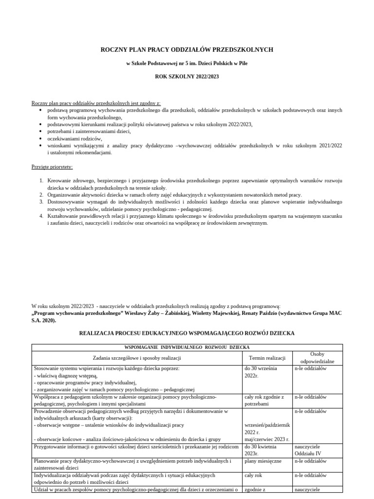 Roczny Plan Pracy Op 2022 23 | PDF