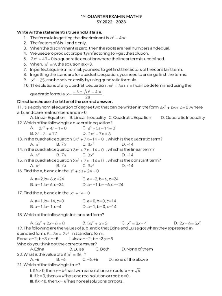 PT Mathematics 9 q1 | PDF