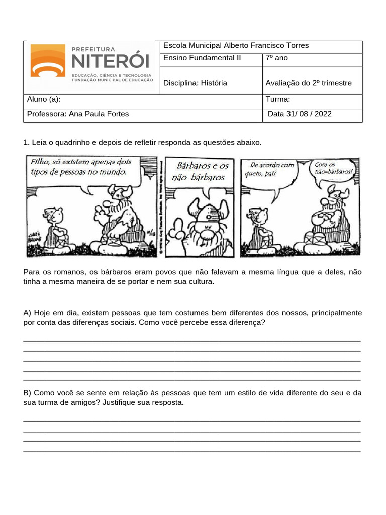Prova História 7 Ano 2 Trim 2022 | PDF