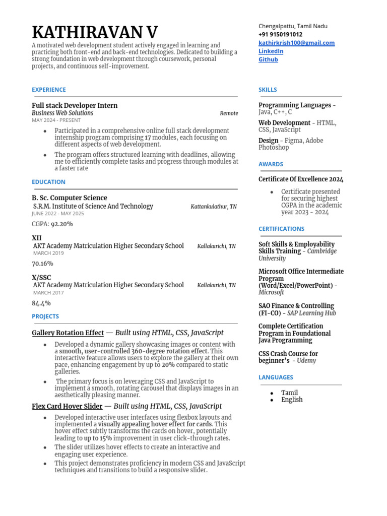 Kathiravan V: Full Stack Developer Intern | PDF
