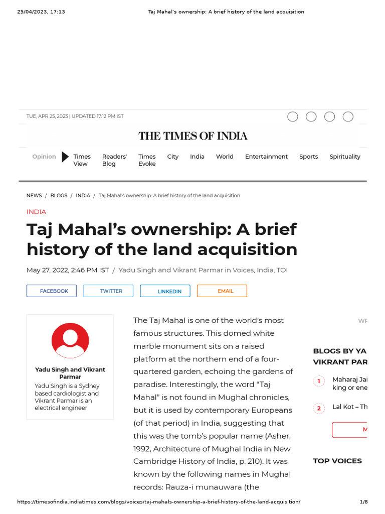 Taj Mahal's Ownership - A Brief History of The Land Acquisition | PDF