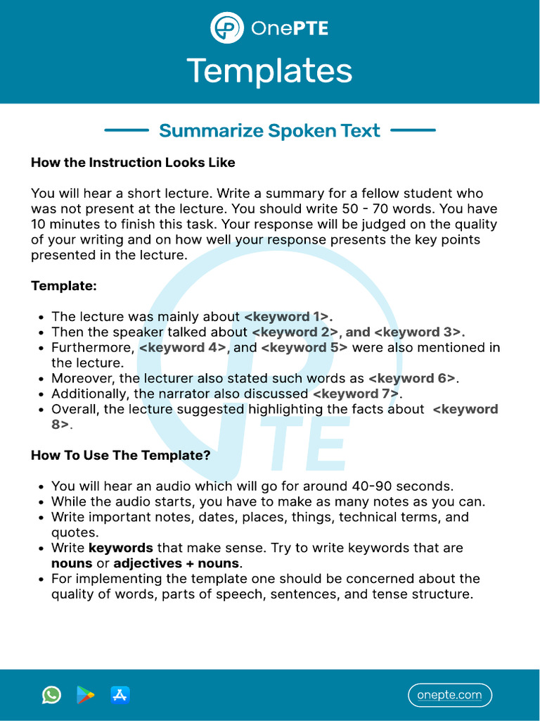 Summarize Spoken Text OnePTE Academic Template v1.1 | PDF