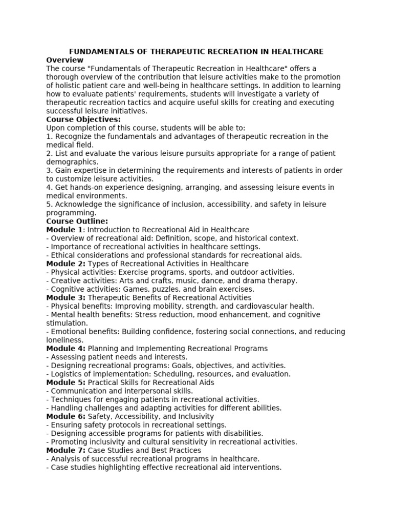 Fundamentals of Therapeutic Recreation in Healthcare Raw | PDF