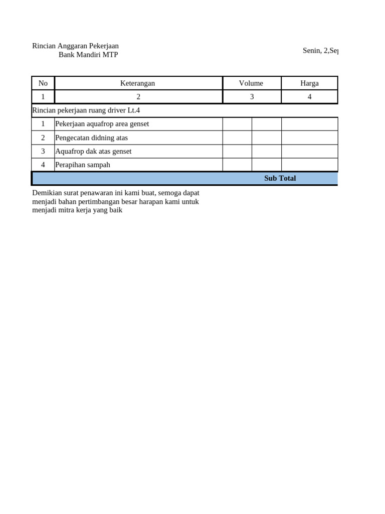 Rincian Anggaran Pekerjaan Mandiri MTP 2 | PDF