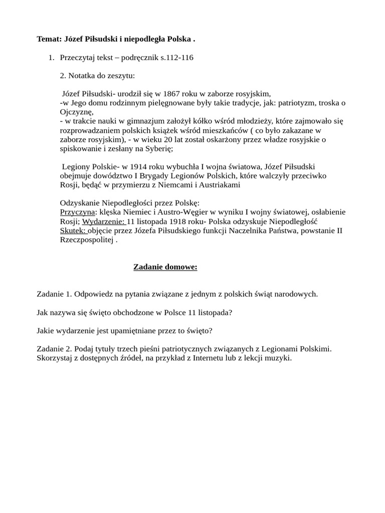 NOTATKA-4-Józef Piłsudski I Niepodległa Polska . | PDF