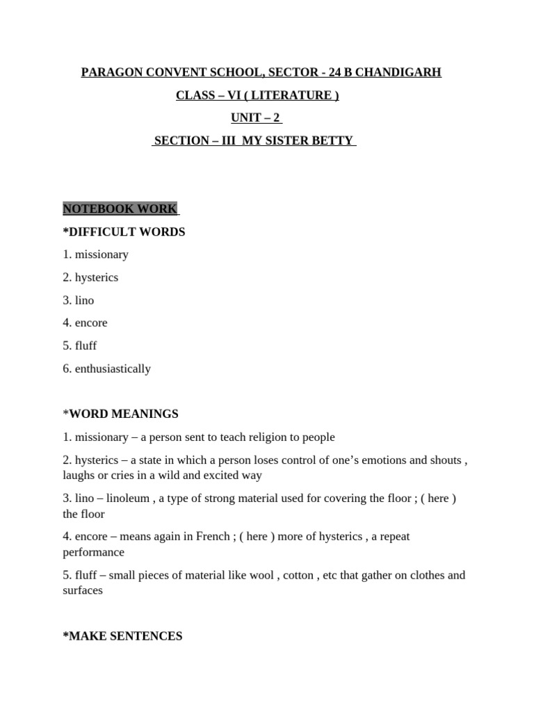 Poem My Sister Betty Answer Key | PDF