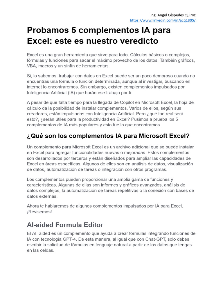 Complementos IA para Excel: Análisis y Veredicto | PDF | Microsoft ...