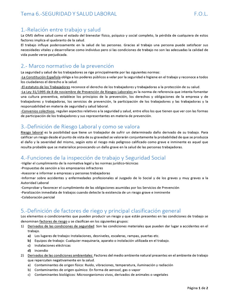 FOL T6 Seguridad y Salud Laboral | PDF