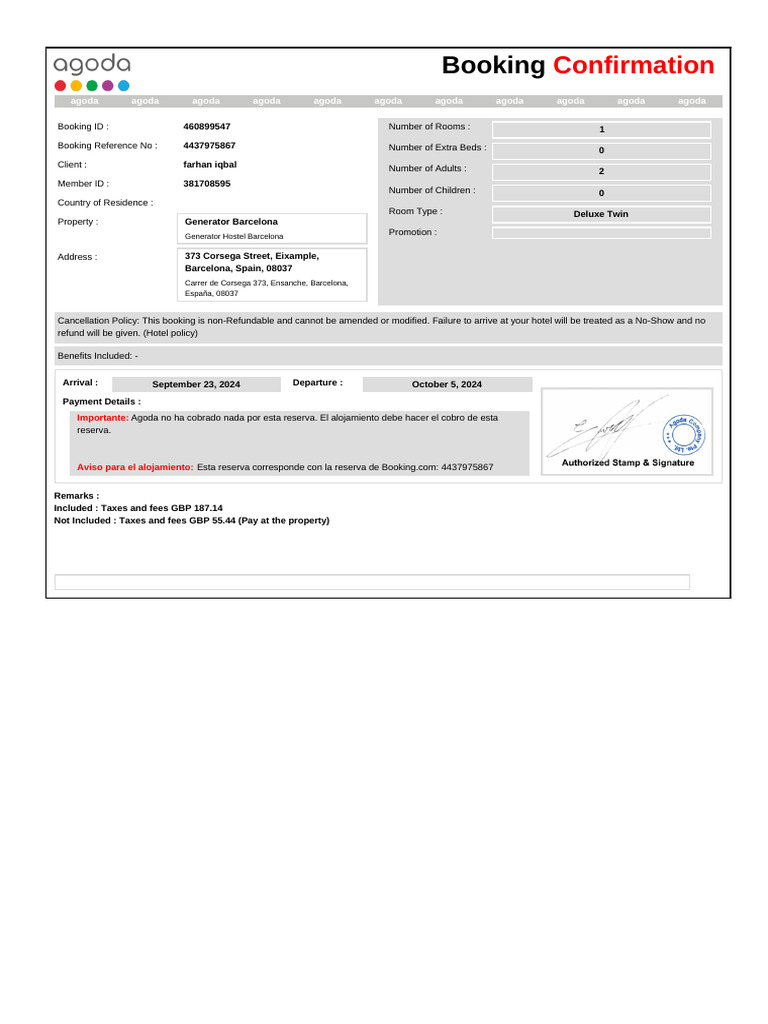 Confirmation For Booking ID # 460899547 | PDF