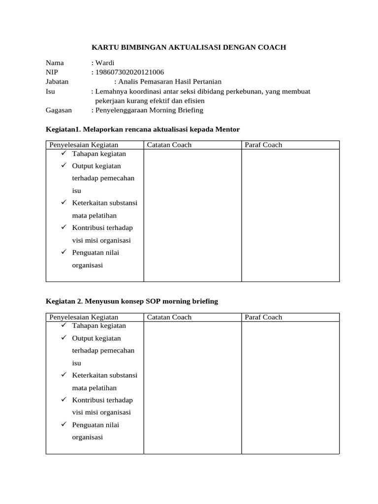 Kartu Bimbingan Aktualisasi Dengan Coach | PDF