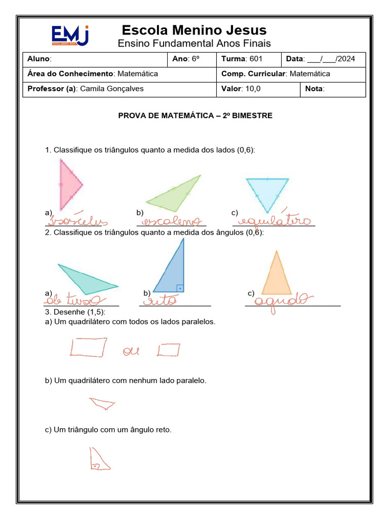 Prova de Matematica - 2 Bimestre - 601 - 240702 - 151001 | PDF