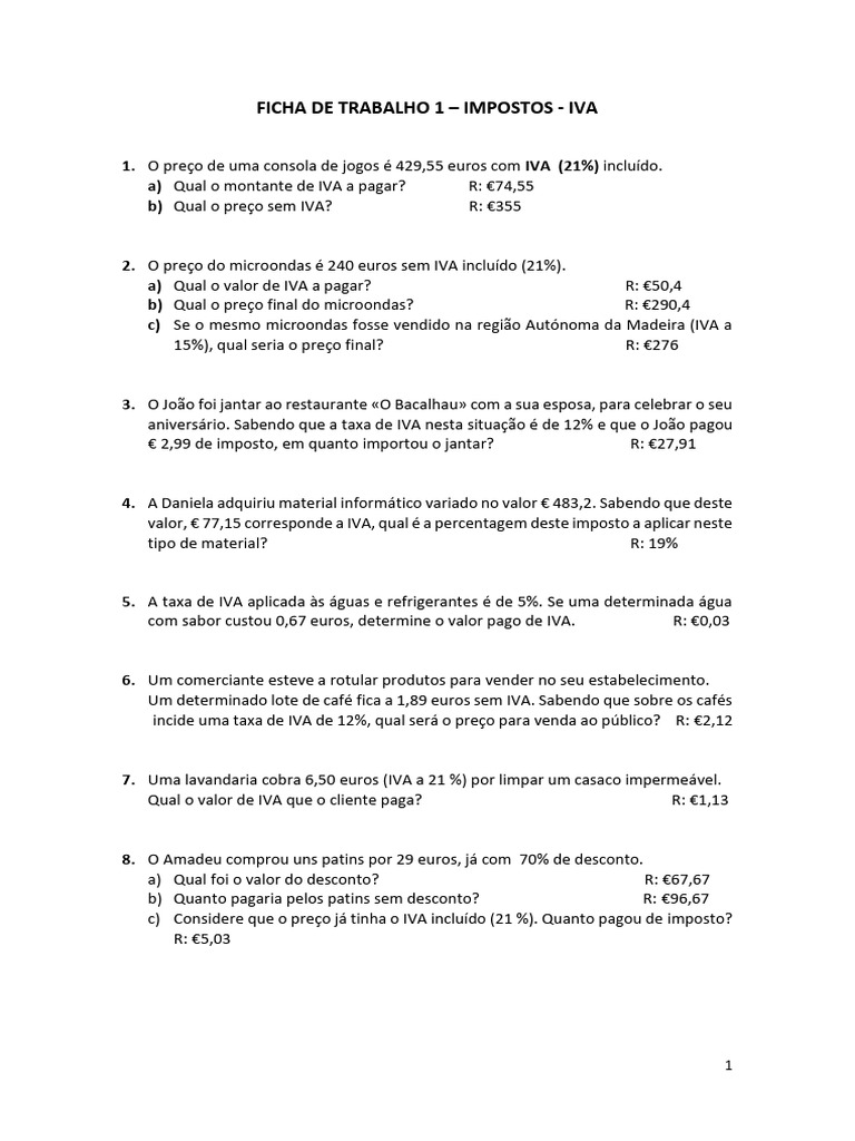 Ficha Trabalho 1 - IVA | PDF