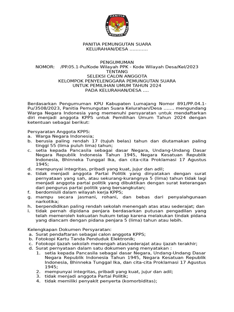 Draft Pengumuman PPS Pendaftaran KPPS | PDF