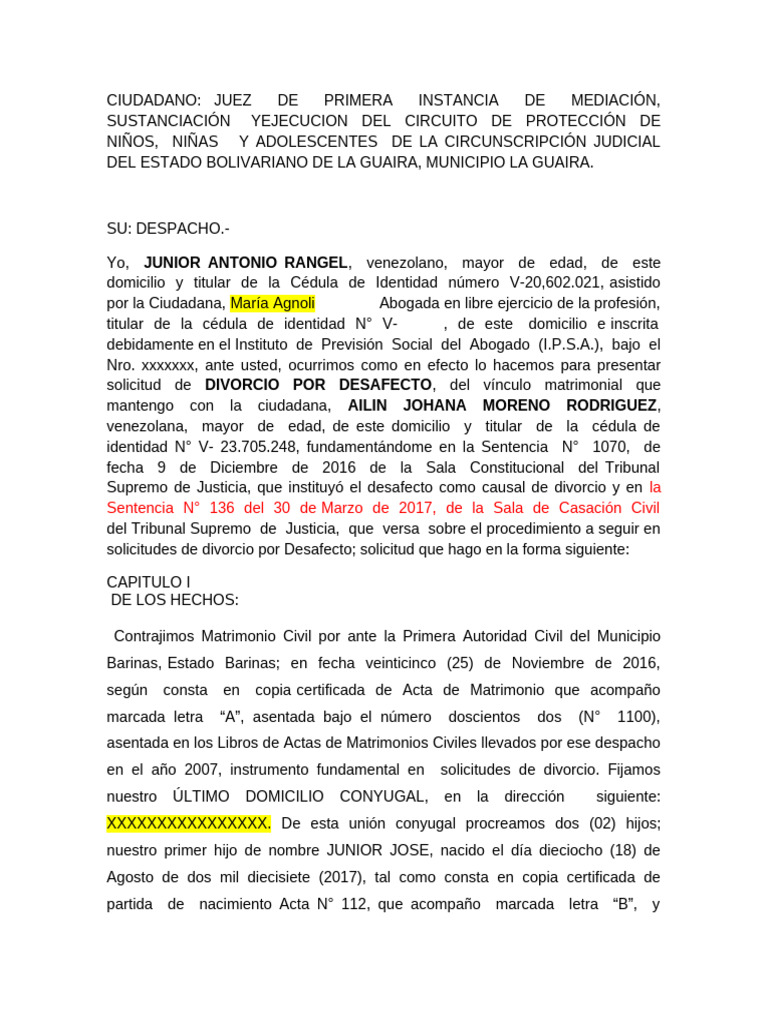 Modelo de Demanda de Divorcio Por Desafecto Con Hijos JUNIOR ANTONIO RANGEL | PDF | Divorcio ...