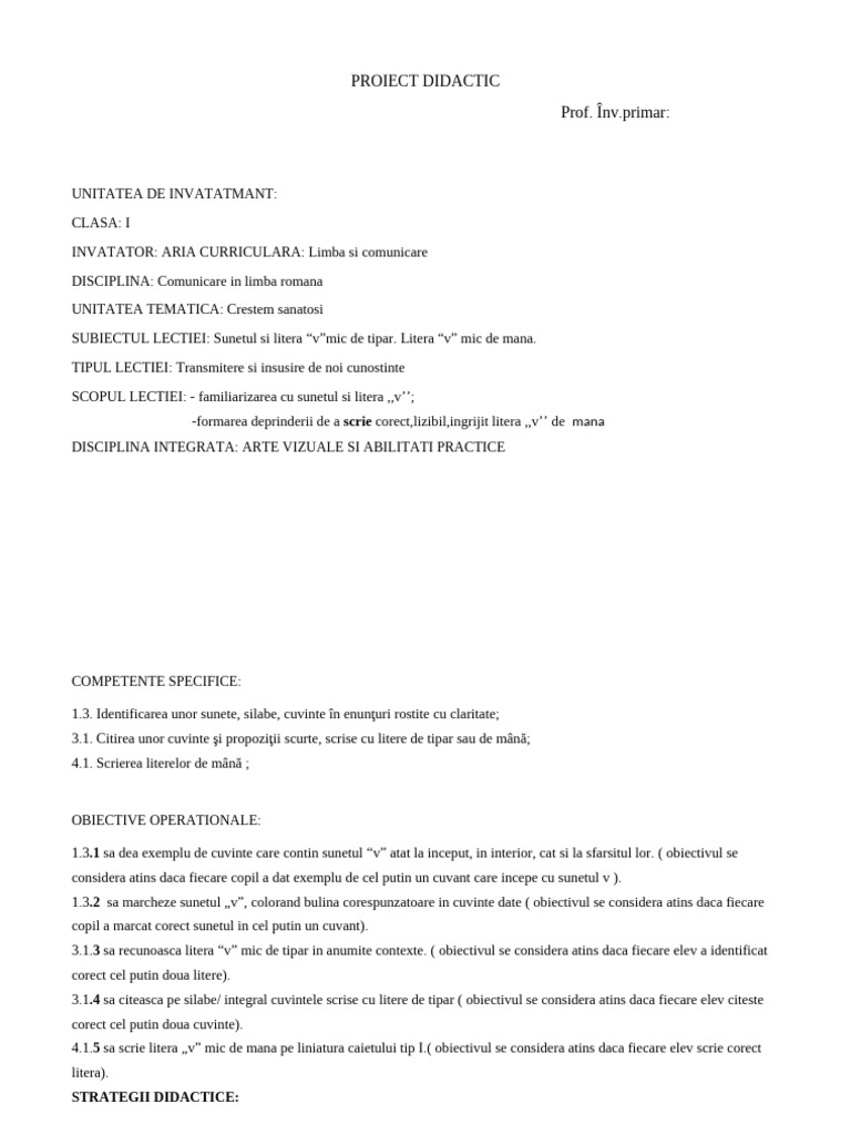 Proiect Didactic CLR Litera V | PDF
