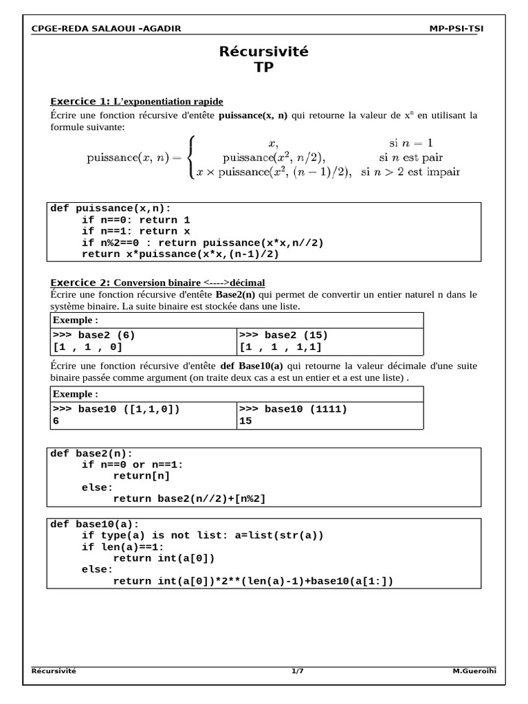 Exercices Récursivité (Correction) | PDF