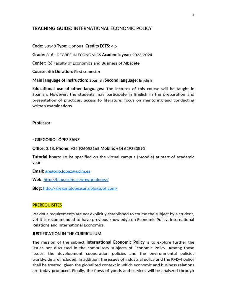 Teaching Guide International Economic Policy | PDF