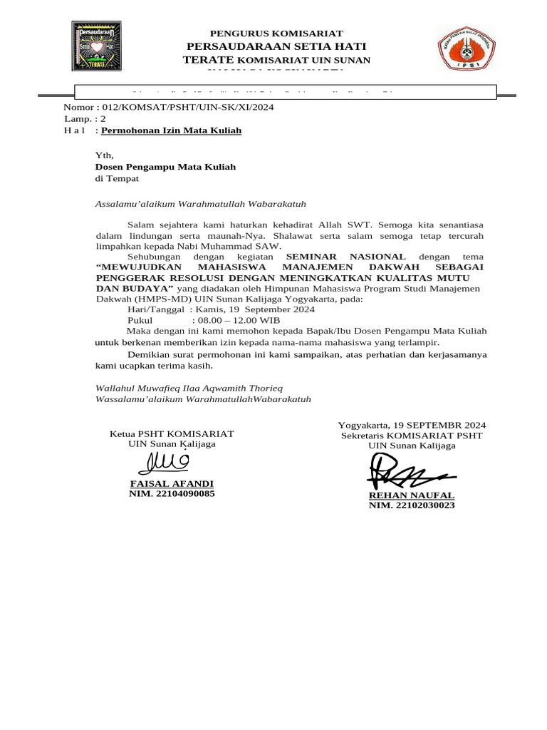 Surat Izin Mata Kuliah Performer PSHT Uin | PDF
