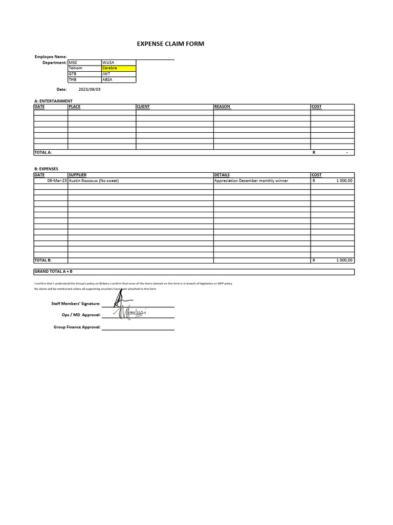 Expense Claim Template - Austin Rossouw March | PDF