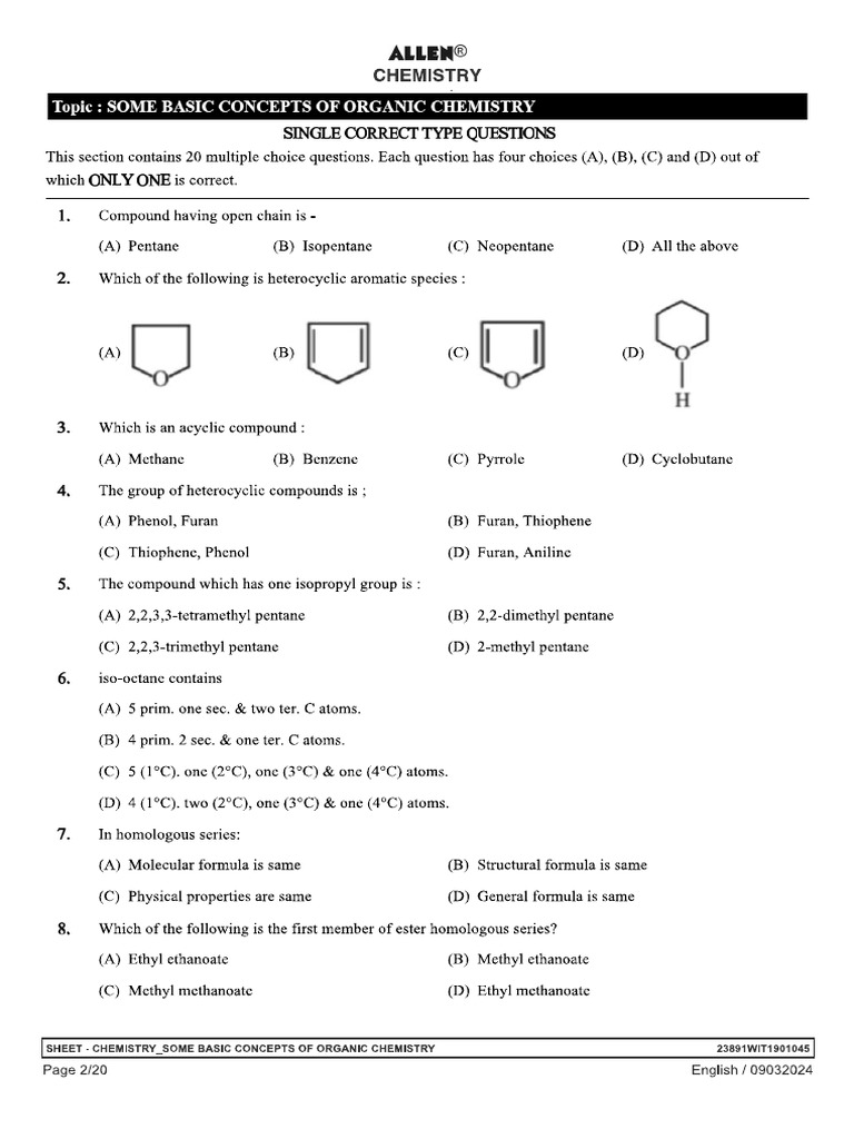 Chem Basic Concept of OC WS | PDF