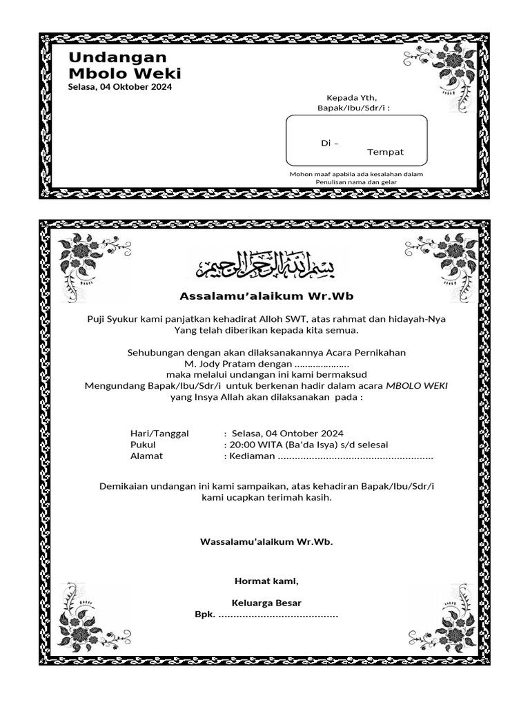 Undangan Mbolo Weki Jodi | PDF