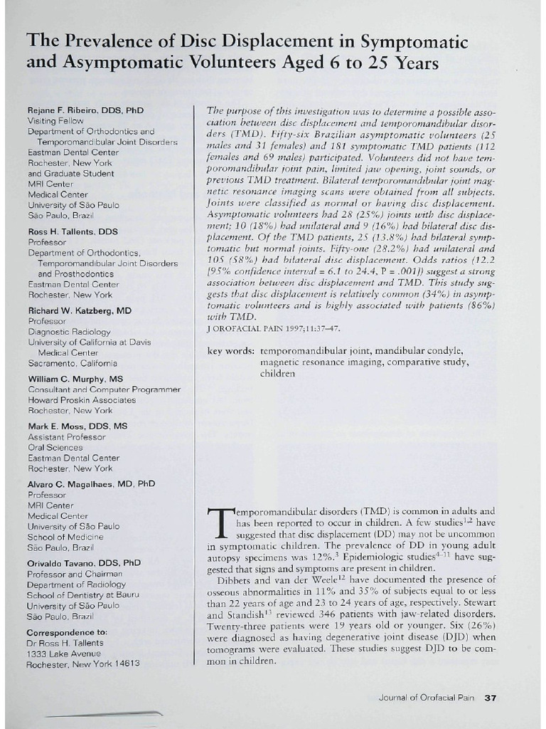 Prevalence of Disc Displacement in Symptomatic and Asymptomatic ...
