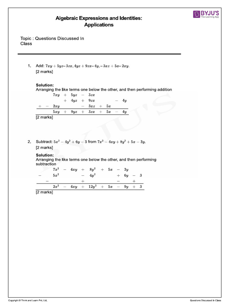 Algebraic Expressions and Identities - Applications - in Class | PDF