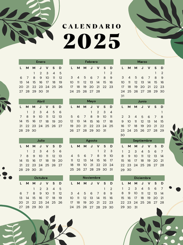 Documento A4 Calendario 2025 Minimalista Aesthetic Verde y Crema PDF | PDF