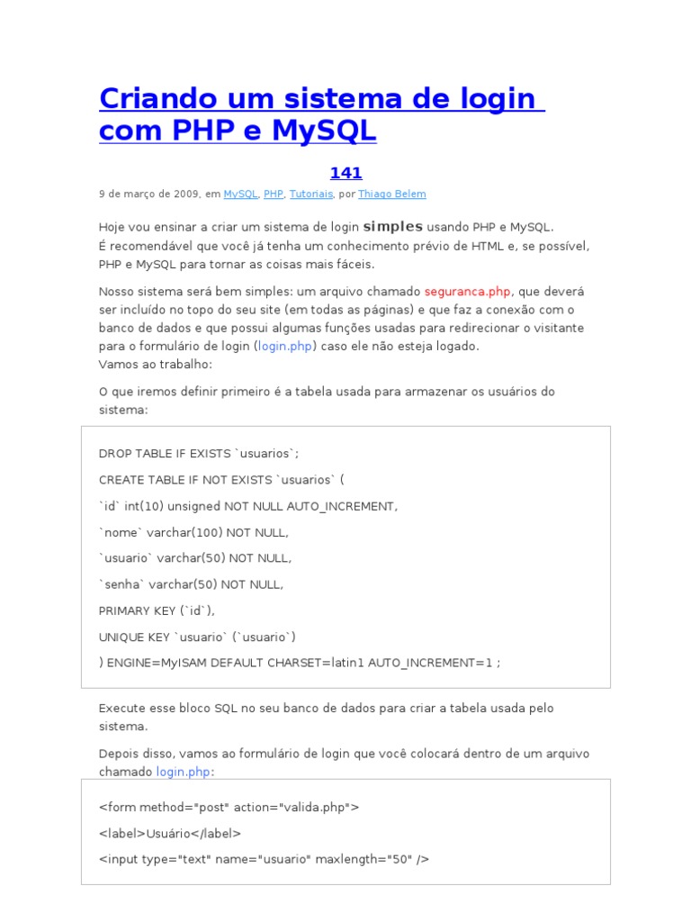 Criando Um Sistema De Login Com Php E Mysql Pdf Sql Fazer Login