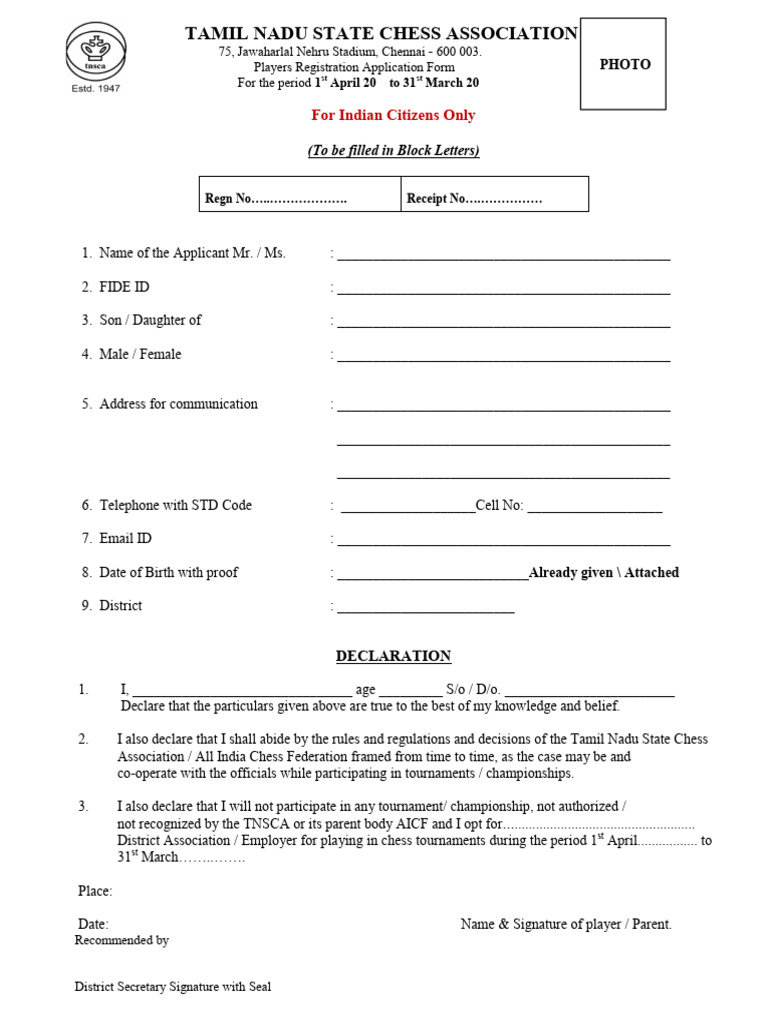 Tnsca Chess Reg. Form 2024-25 | PDF