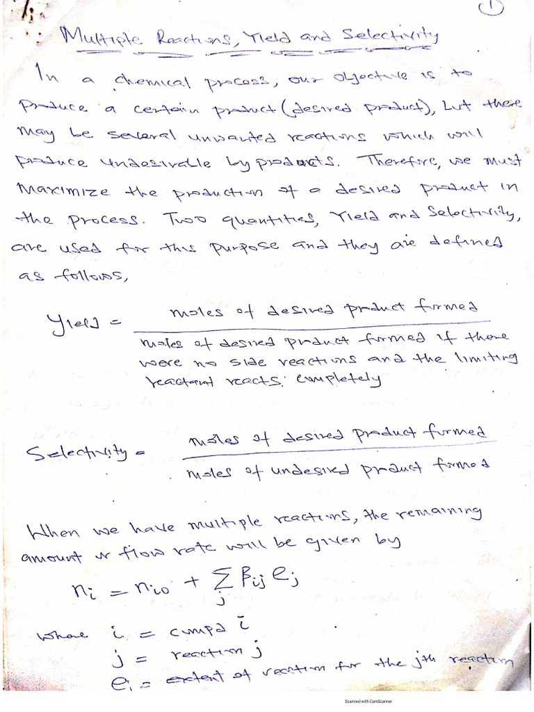 Che413 - Multiple RXN, Yield, Selectivity. Engr. Nkuzinna | PDF
