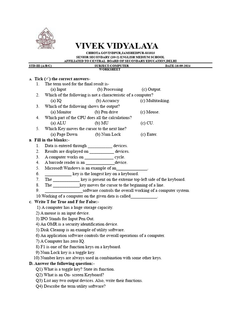 Vivek Vidyalaya Std-Iii (A, B, C) Subject-Computer Model Paper | PDF