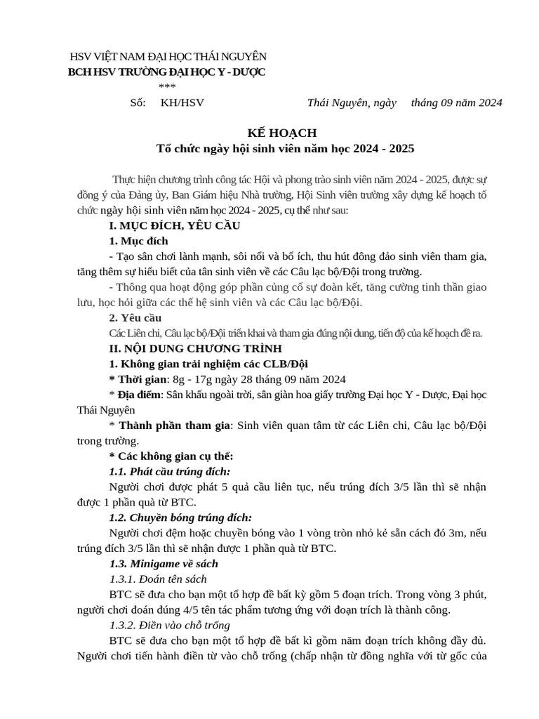 KH NGÀY HỘI SINH VIÊN NĂM HỌC 2024 2025 | PDF