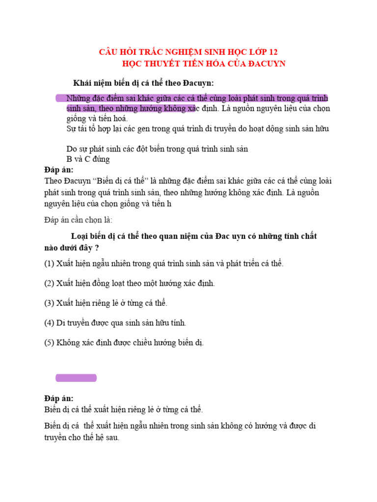 35 Cau Trac Nghiem Sinh Hoc 12 Bai 25 Co Dap An 2023 Hoc Thuyet Tien Hoa Cua Dacuyn | PDF