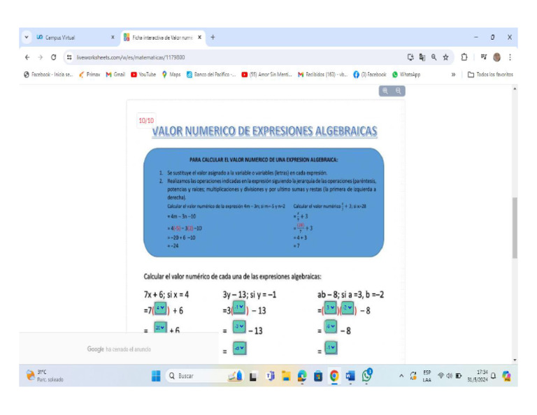Valor Numérico de Una Expresión Algebraica | PDF