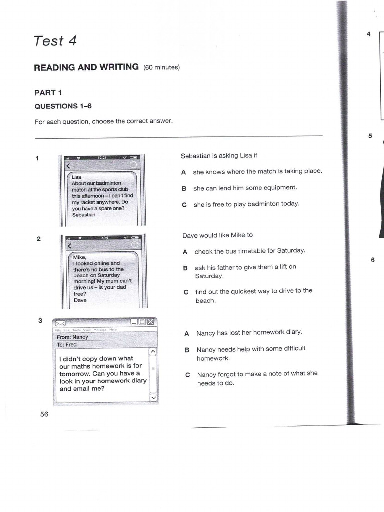 A2 Key FS 1 - Test 4 - Reading and Writing | PDF