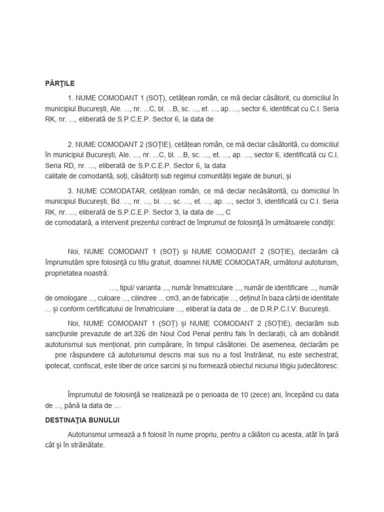 Model Contract Comodat Auto PF | PDF